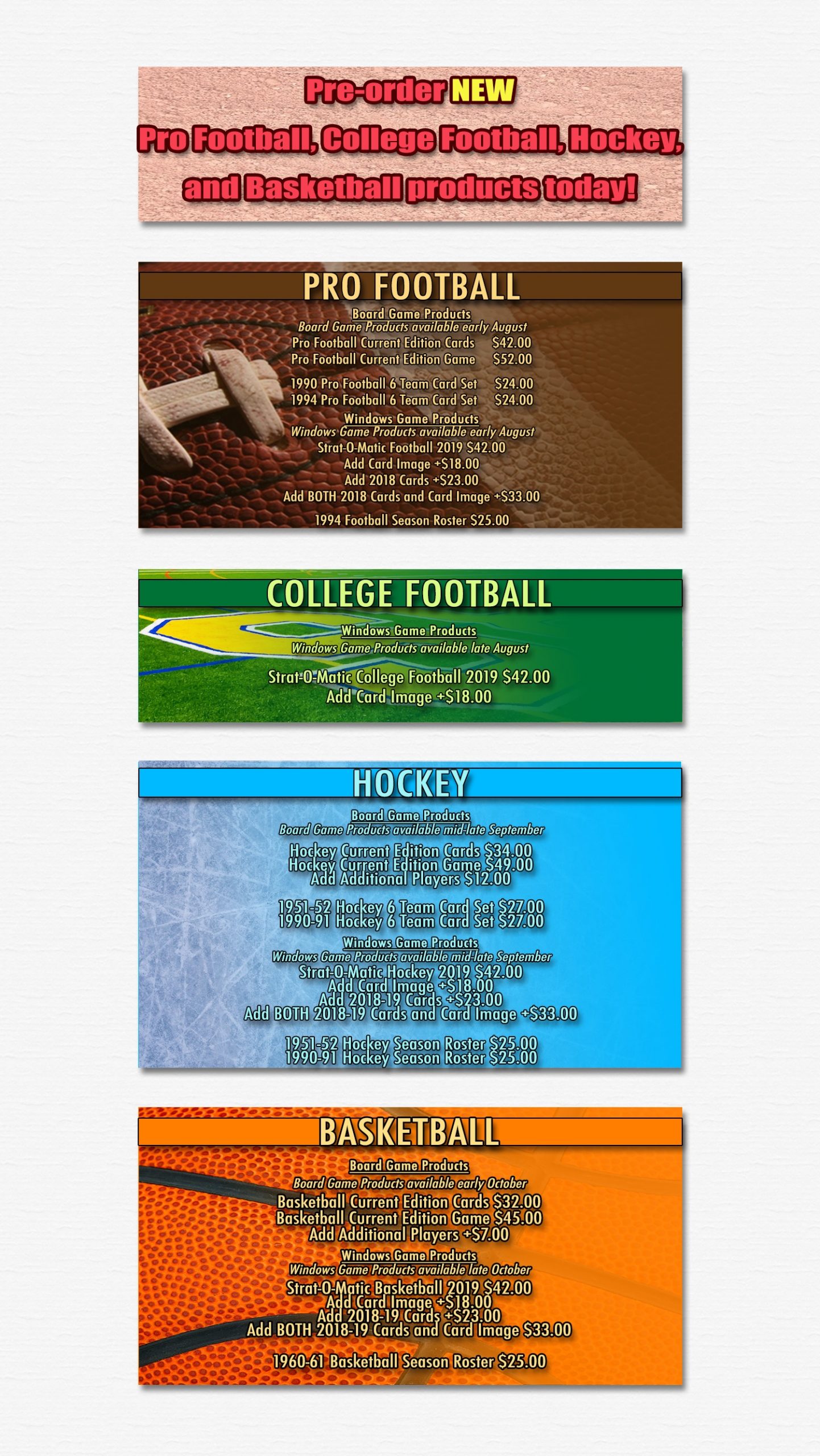 Pre-Order Pro Football, College Football, Hockey, and Basketball Now!!